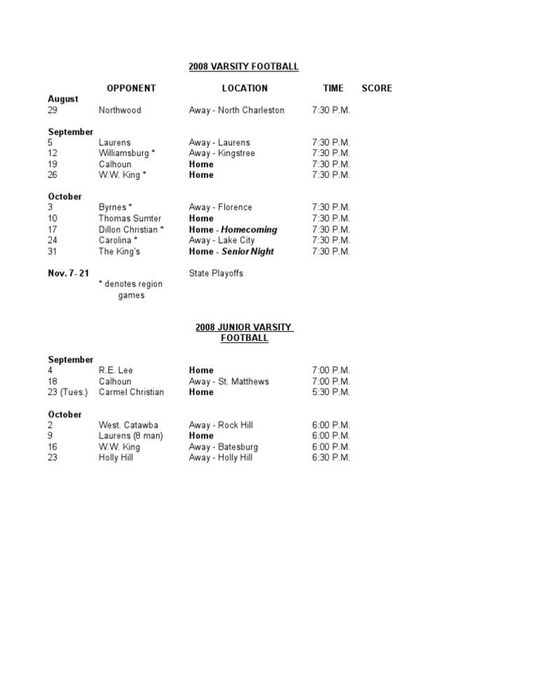 2008 Varsity & JV Football Schedule | PDF