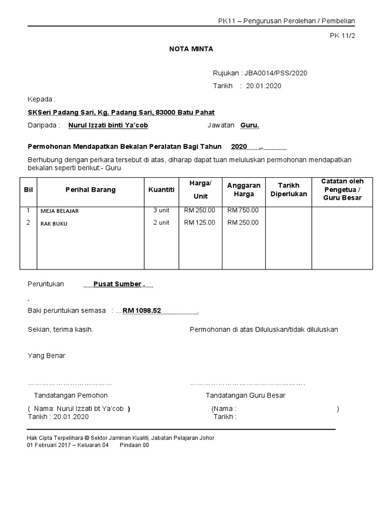 Nota Minta Pss Jan 2020 | PDF