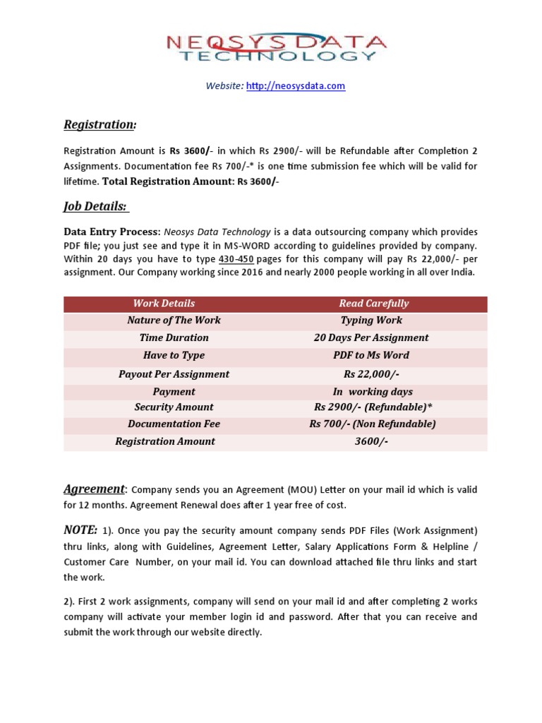Work Details & Account Details of Neosys Data Technology | PDF | Fee ...