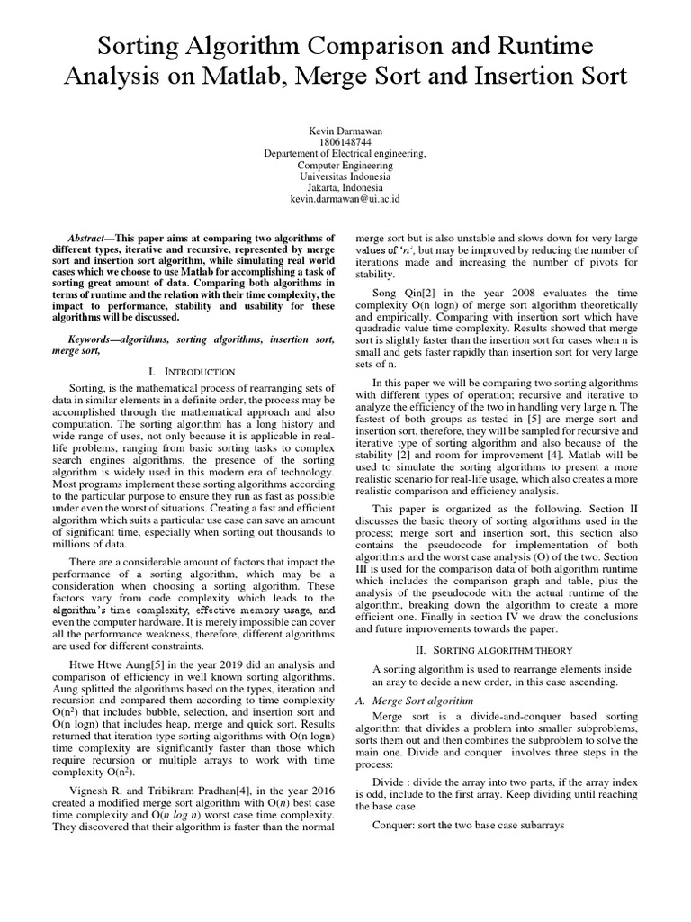 Insertion Sort Vs Merge Sort In Matlab Pdf Time Complexity Algorithms