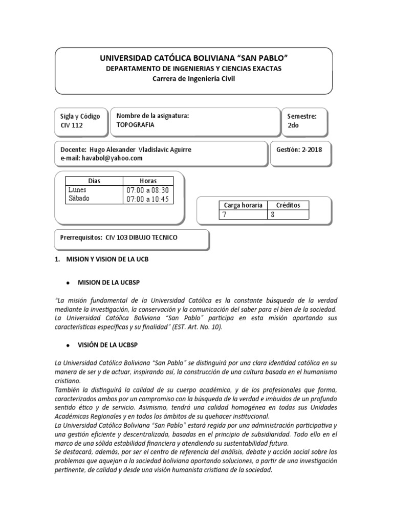 Plan de Asignatura CIV-112 Topografia (2-2018) | PDF | Topografía | Evaluación