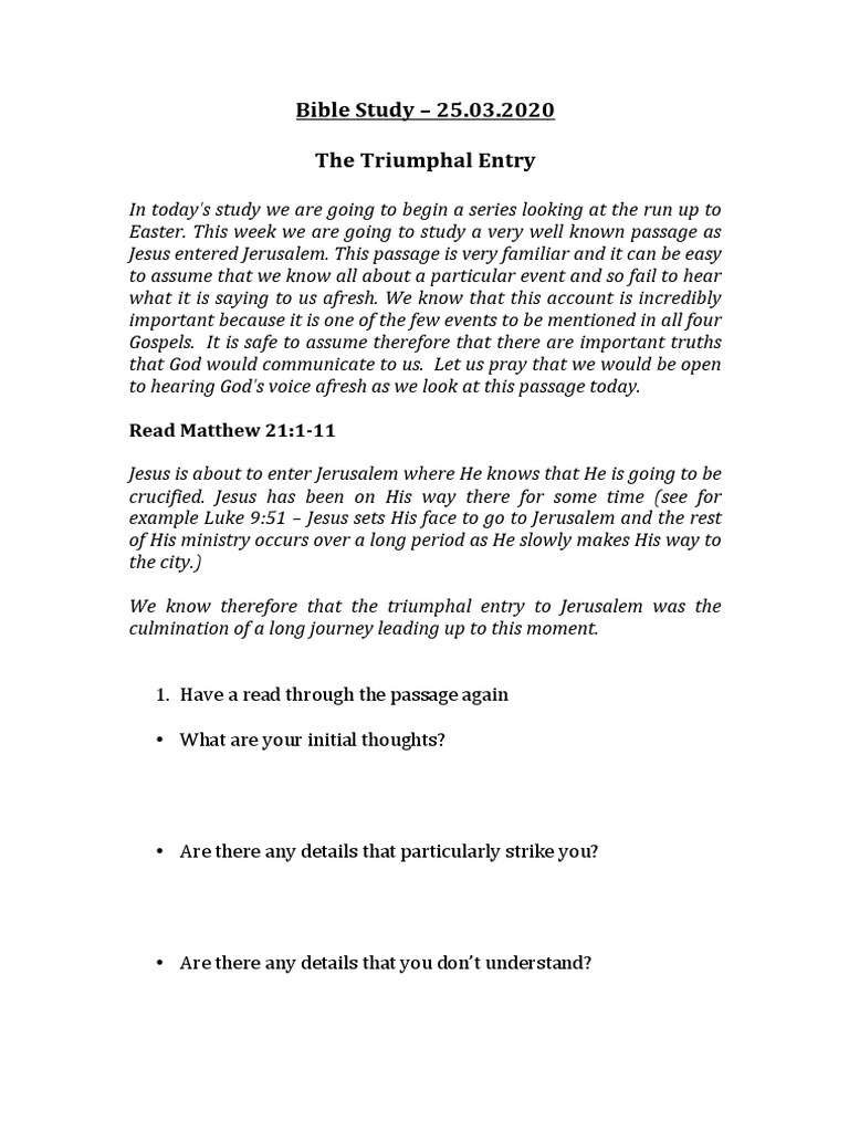 MMC Bible Study - The Triumphal Entry | PDF | Gospel Of Matthew | Jesus