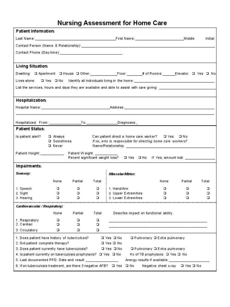 Home Care Nursing Assessment Form | PDF | Urinary Incontinence | Patient