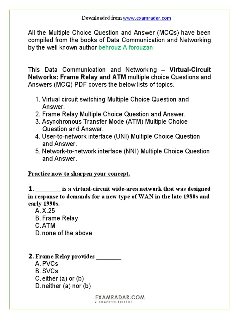 CH 18 Virtual Circuit Networks Frame Relay and ATM Multiple Choice Questions and Answers | PDF ...
