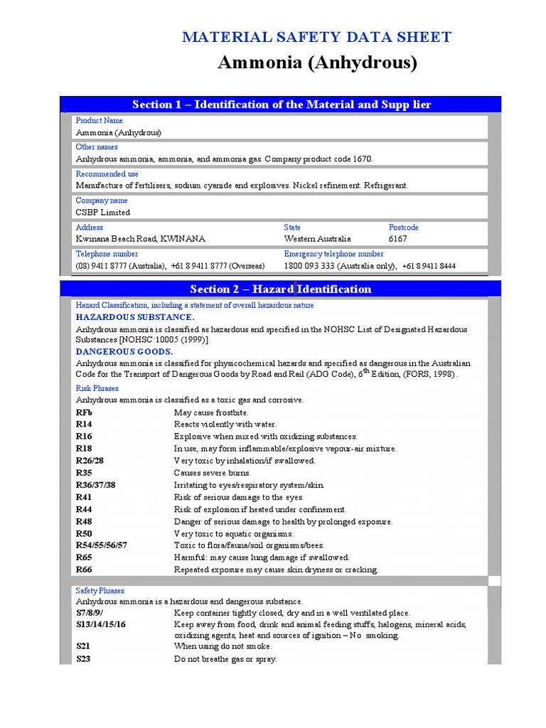 Anhydrous Ammonia Safety Data Sheet | PDF | Ammonia | Dangerous Goods
