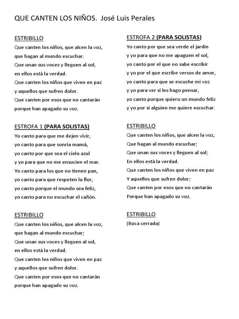Que Canten Los Niños. José Luis Perales (LETRA) | PDF