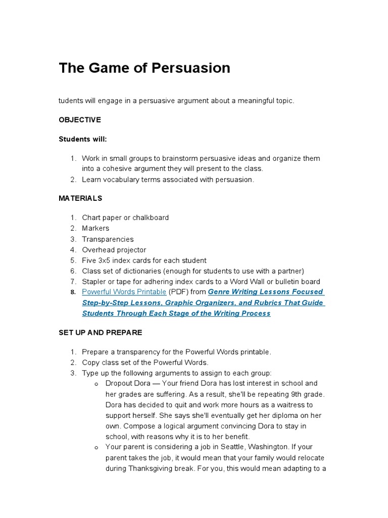 The Game of Persuasion: Objective Students Will | PDF | Persuasion ...