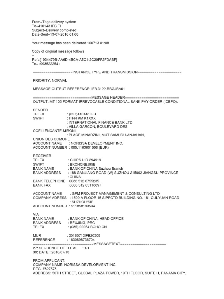 MT 103 Format for Cash Transfer | PDF | Banks | Money