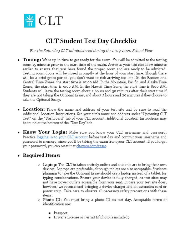 CLT Student Test Day Checklist PDF | PDF | Test (Assessment) | Computing