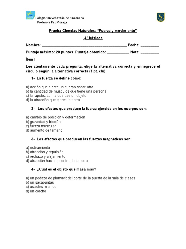 Prueba de Ciencias Fuerza y Movimento | PDF | Fuerza | Magnetismo
