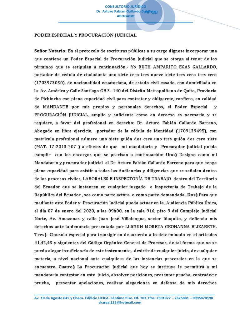 Procuracion Judicial y Poder Especial Amparito Egas | PDF | Ecuador ...