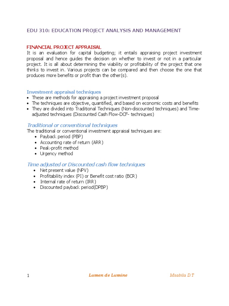 Project Financial Appraisal Edu PDF | PDF | Capital Budgeting ...