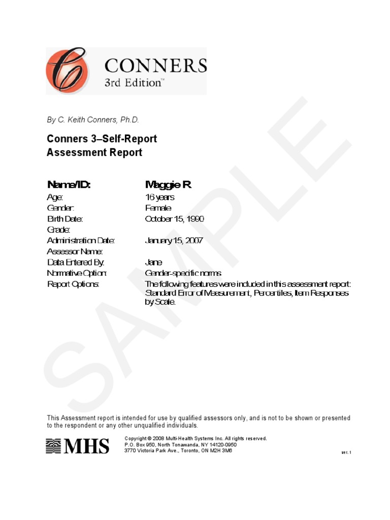 Conners 3 Self Report Assessment PDF | PDF | Diagnostic And Statistical ...