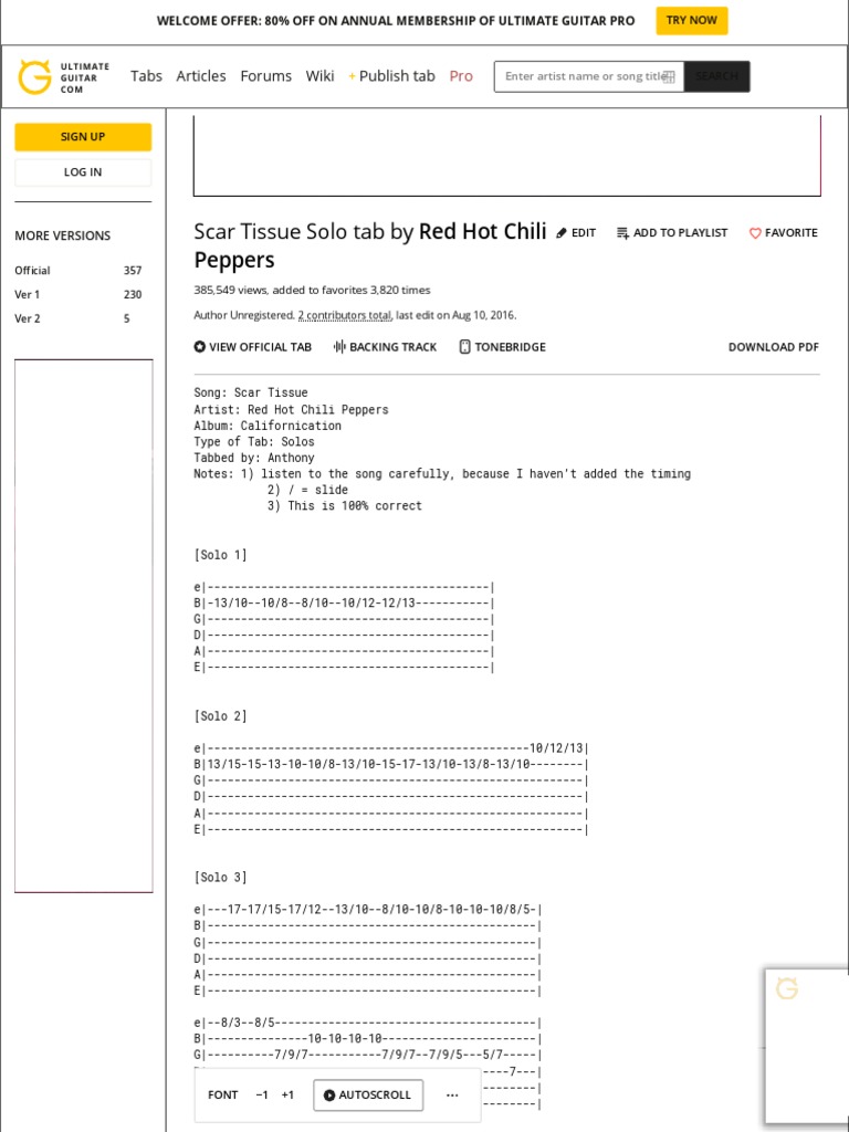 SCAR TISSUE SOLO TAB by Red Hot Chili Peppers @ | PDF | Sound Recording ...