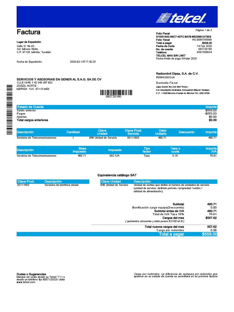 Factura Telcel | PDF | Pagos | Bancario