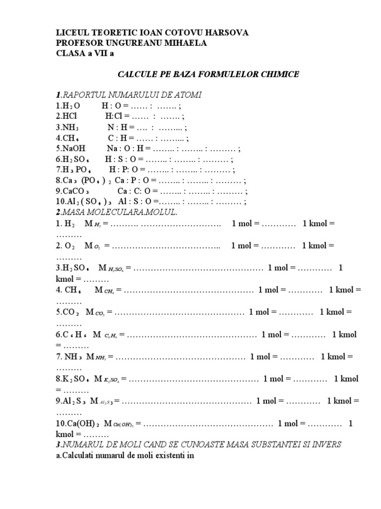 Test Calcule Pe Baza Formulelor Chimice | PDF