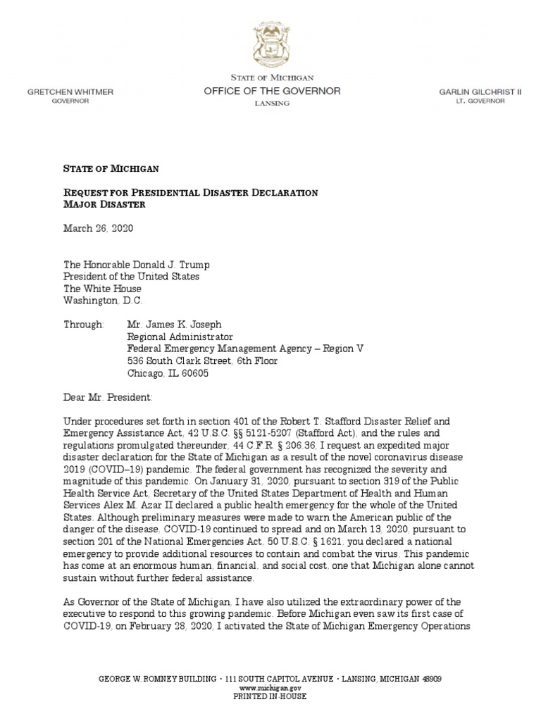 Letter from Michigan Gov. Gretchen Whitmer on a Major Disaster ...
