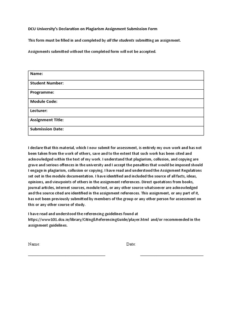 DCU University's Declaration On Plagiarism Assignment Submission Form ...