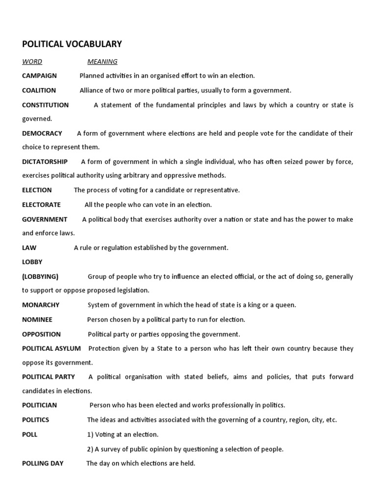 Political Vocabulary | PDF | Elections | Voting