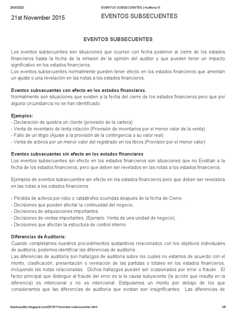 EVENTOS SUBSECUENTES - Auditoria III | PDF | Auditoría financiera ...