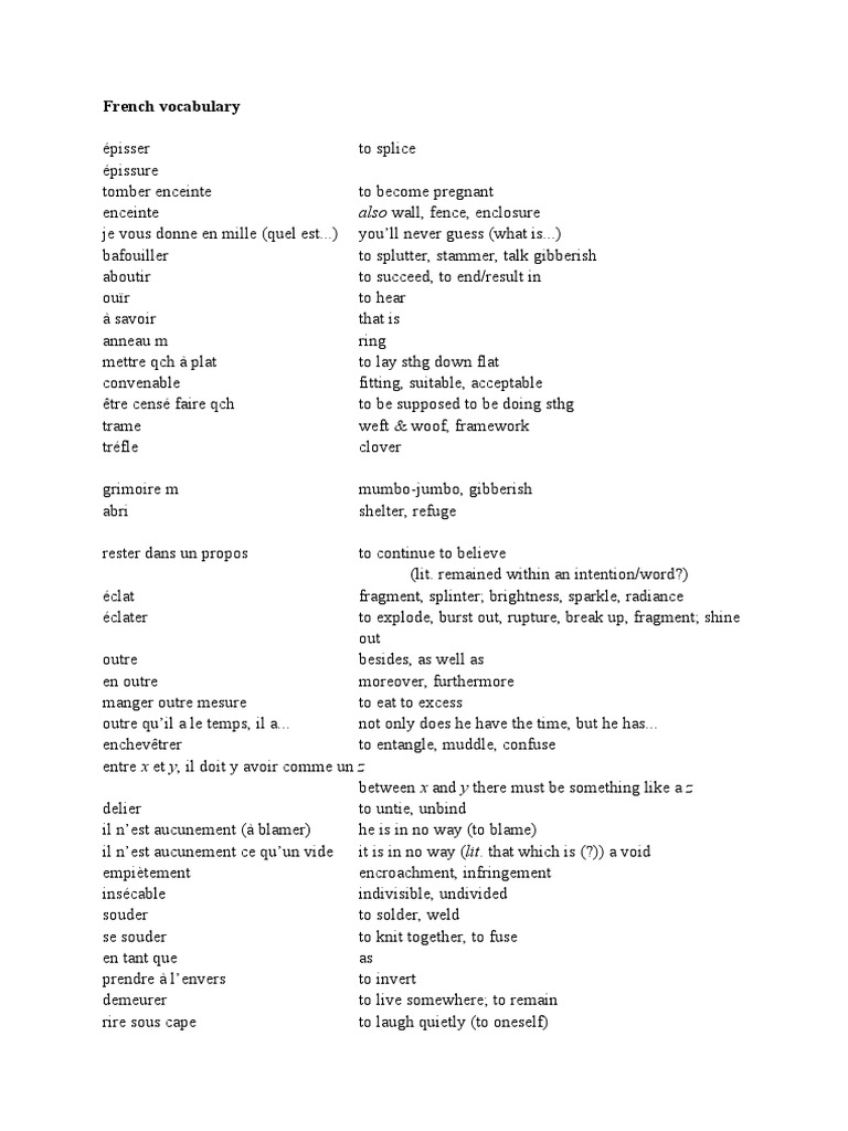 Intermediate French Vocabulary | PDF