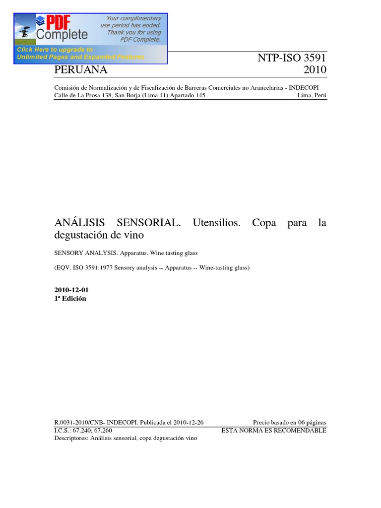 NTP ISO 3591 - Análisis Sensorial. Copa Vino PDF | PDF | Óxido de zinc ...