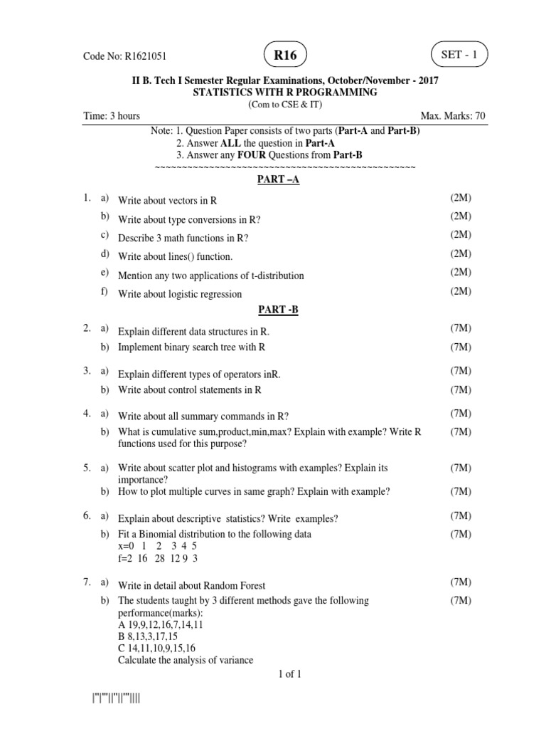 STATISTICS WITH R PROGRAMMING Question Paper PDF | PDF | Teaching ...