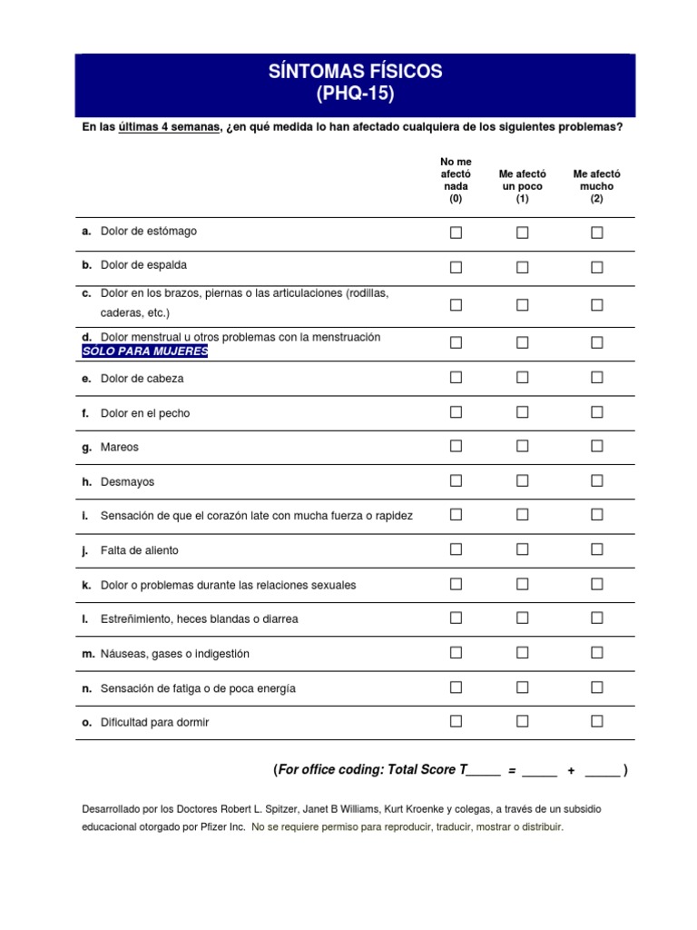 PHQ15 - Spanish For Chile | PDF | Enfermedades y trastornos | Síntomas ...