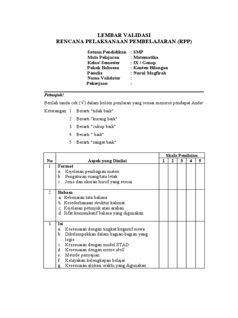 Lembar Validasi RPP | PDF