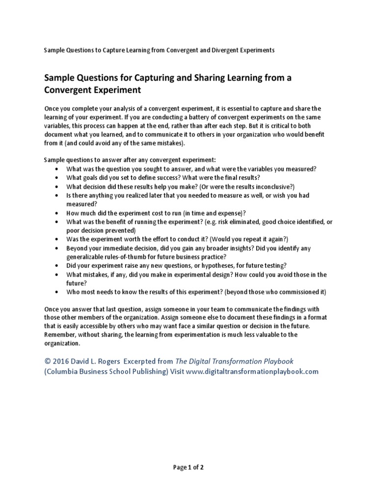 Questions To Learn From Convergent and Divergent Experiments - David ...
