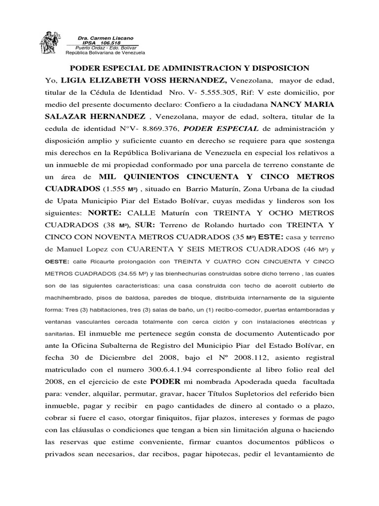 Poder General de Administracion y Disposicion Sra Ligia PDF | PDF ...
