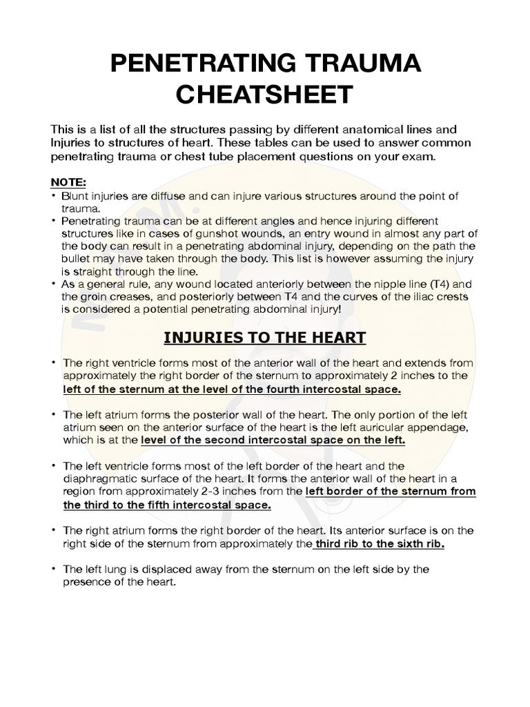 Penetrating Trauma Cheatsheet | PDF | Lung | Anatomical Terms Of Location