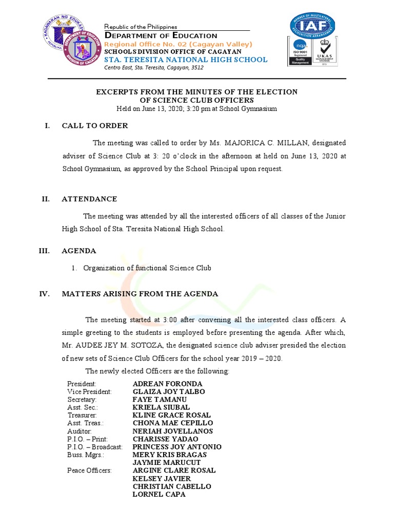 Iso-Election of The Science Club Officers | PDF