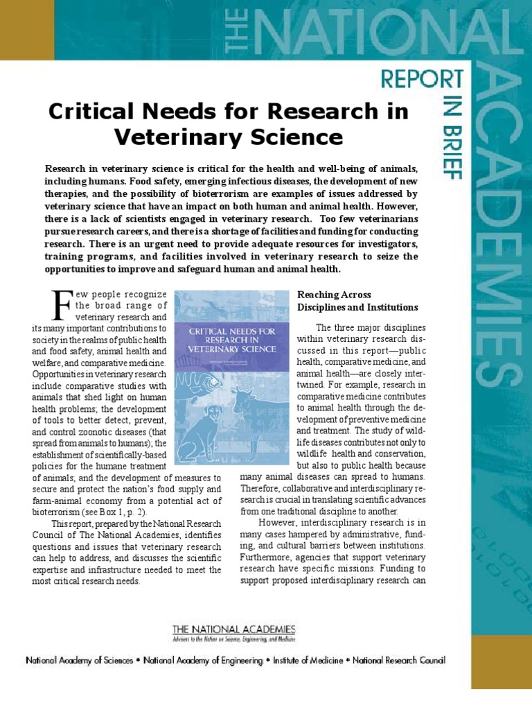 Critical Needs For Research in Veterinary Science, Report in Brief ...