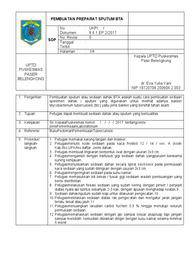 Sop Pembuatan Preparat Sputum Bta Contoh | PDF