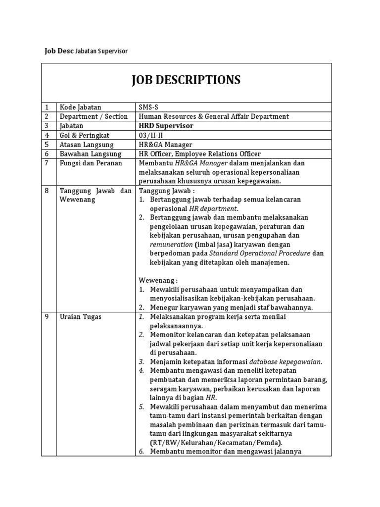 Contoh Job Desc Jabatan Supervisor HRD | PDF