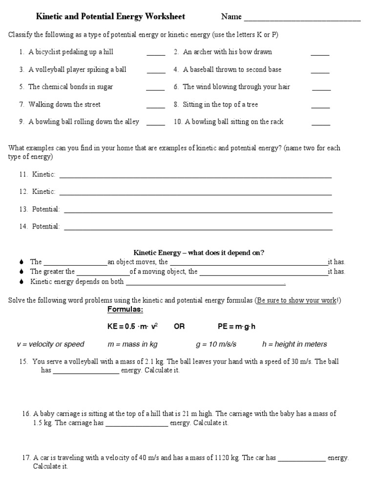 Kinetic and Potential Energy Worksheet | PDF | Kinetic Energy ...