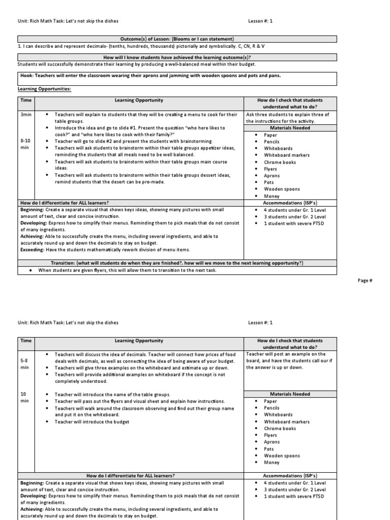 Rich Math Task Lesson Plan | PDF | Menu | Lesson Plan