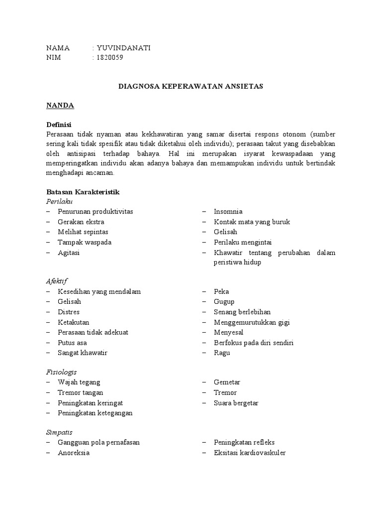 Diagnosa Keperawatan Ansietas SDKI | PDF