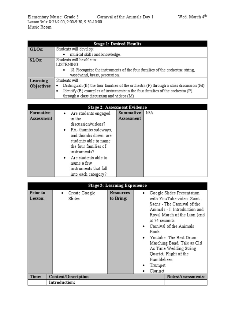 Carnival of Animals Lesson 1 - Grade 3 | PDF | Orchestras | The ...