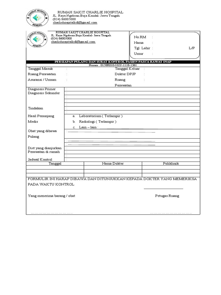 Form Persiapan Pulang Dan Surat Kontrol Pasien Pasca Rawat Inap | PDF
