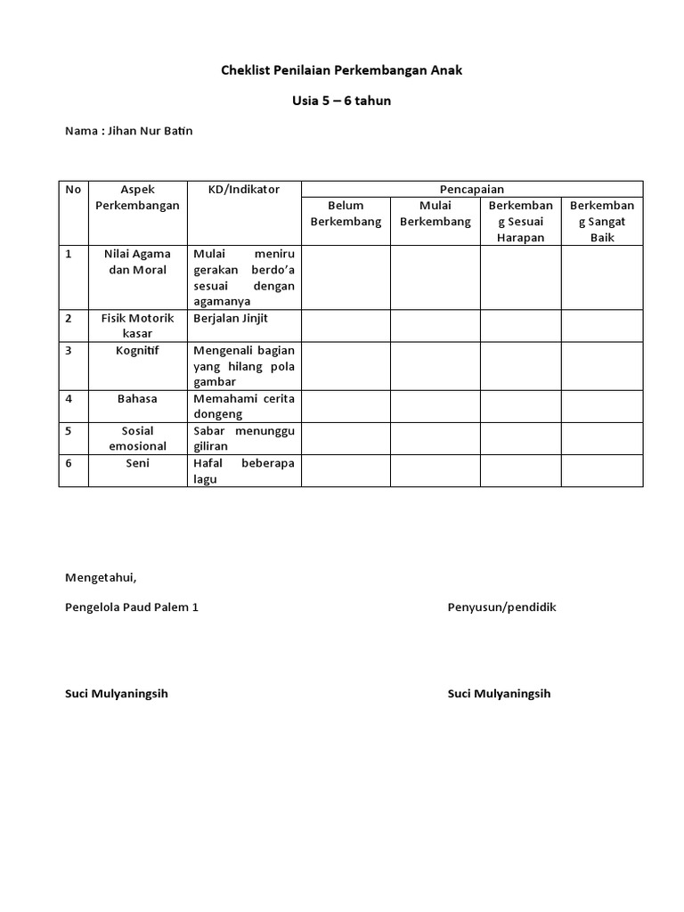 Cheklist Penilaian Perkembangan Anak | PDF