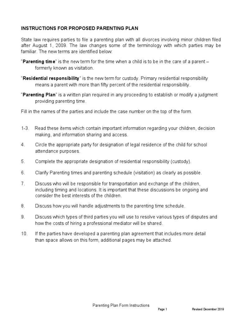 Proposed Parenting Plan Instructions | PDF | Contact (Law) | Child Custody