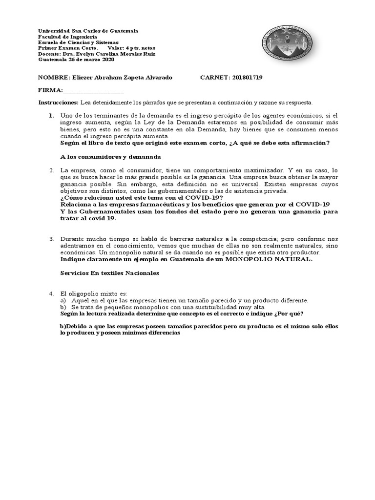 Examen Corto: Economía y Competencia | PDF | Finanzas y dinero