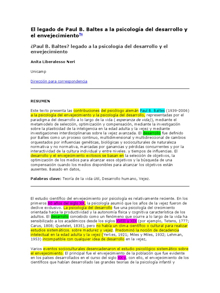 4 - Traducción El Legado de Paul B. Baltes A La Psicología Del ...