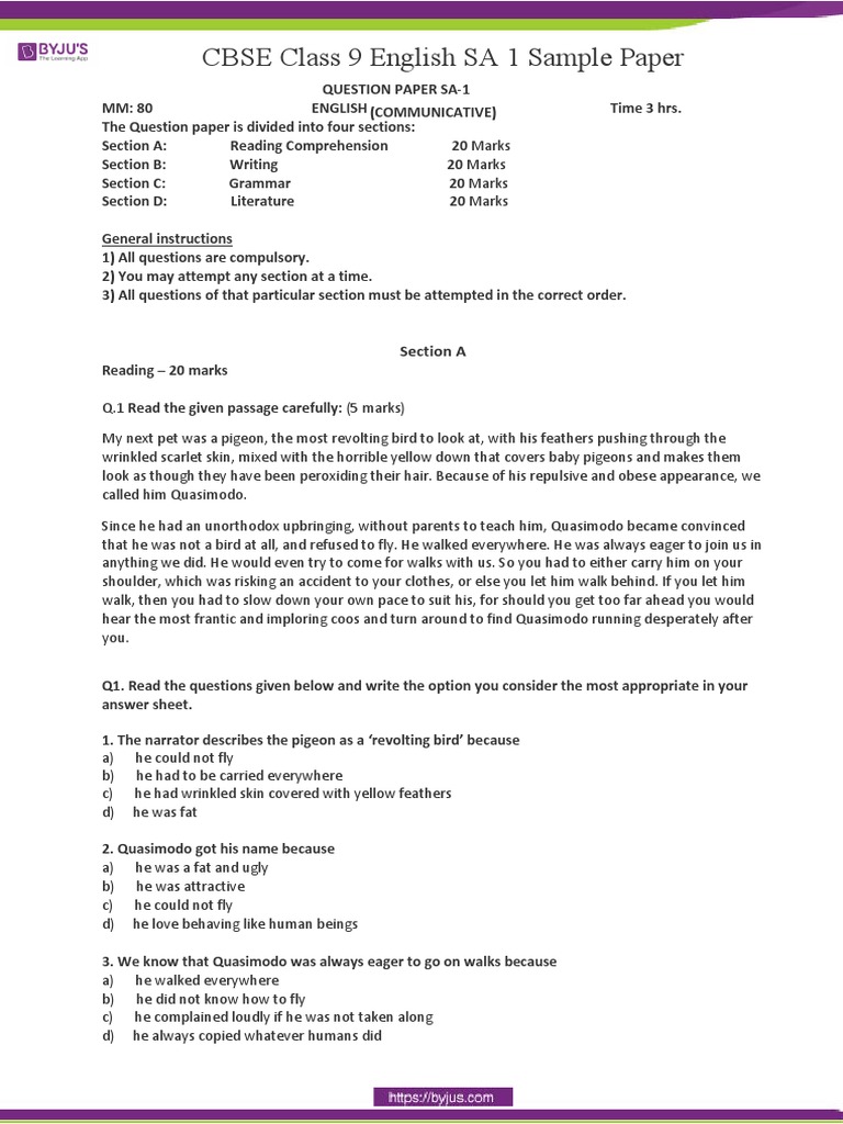 CBSE Class 9 English Sample Paper SA 1 PDF | PDF | Prices | Birds