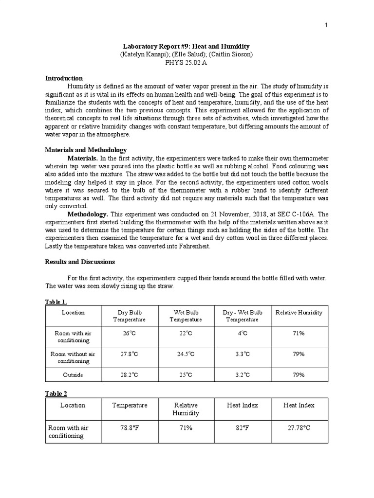 Heat and Humidity Laboratory Report | PDF | Relative Humidity | Humidity