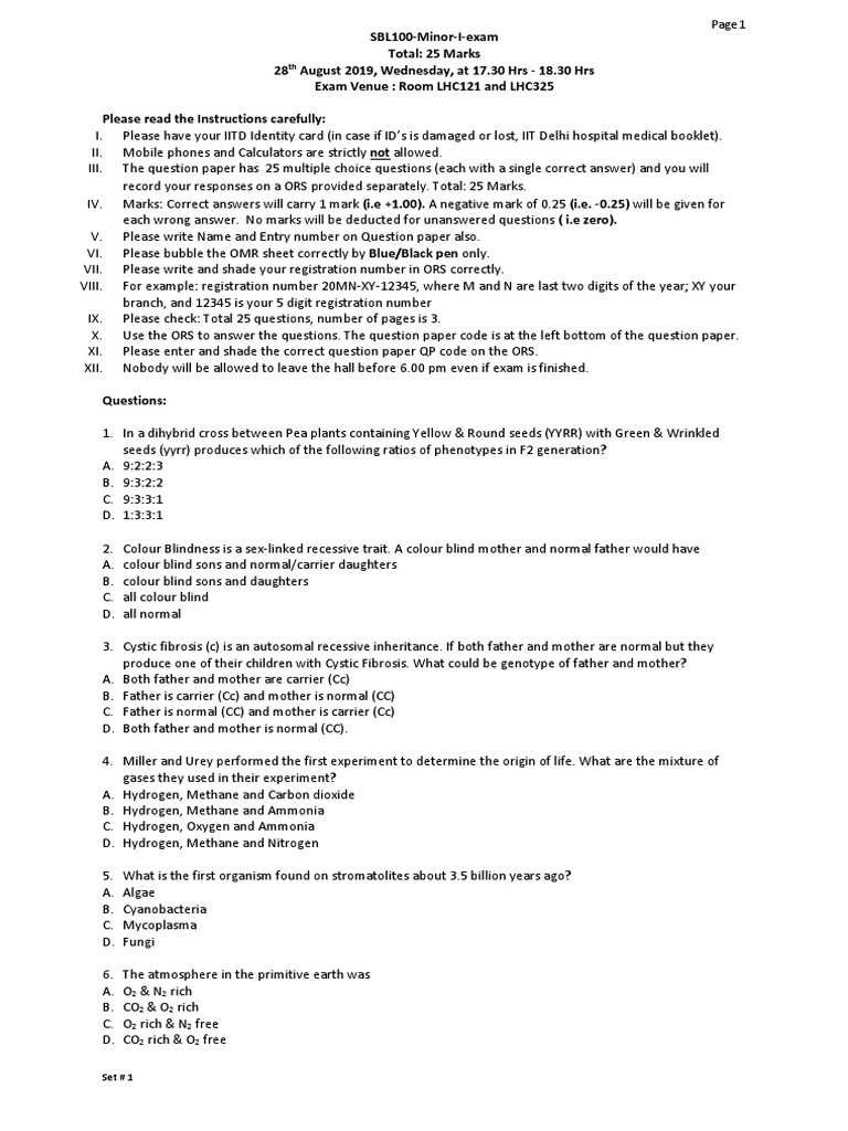 SBL100 Minor I Questions Answers | PDF | Proteins | Dominance (Genetics)