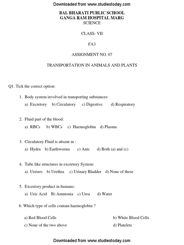 CBSE Class 7 Science Worksheet (7) - 0 | PDF | Tissue (Biology) | Blood