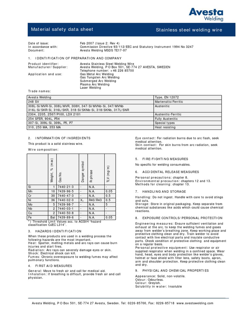 Avesta Stainless Steel Welding Wire MSDS | PDF | Personal Protective ...
